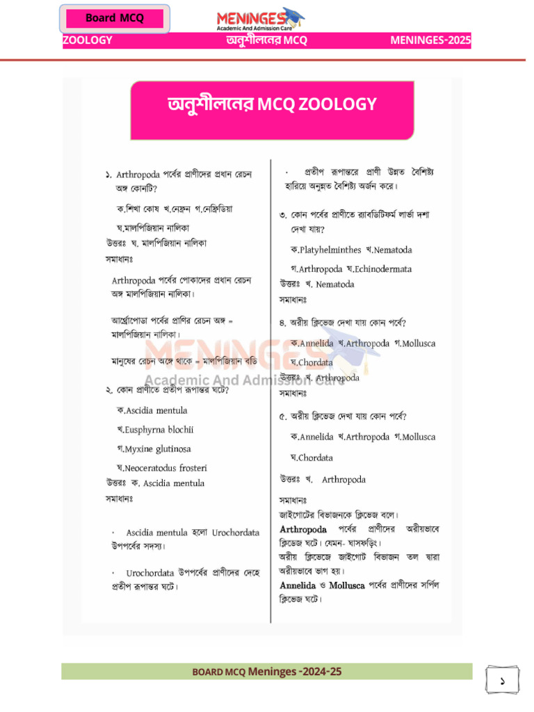 Board MCQ Zoology Meninges | PDF