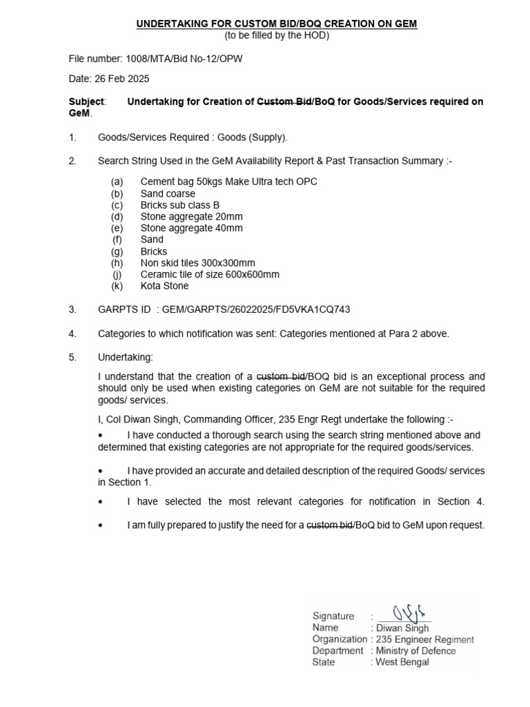 Undertaking For Custom Bid/Boq Creation On Gem | PDF