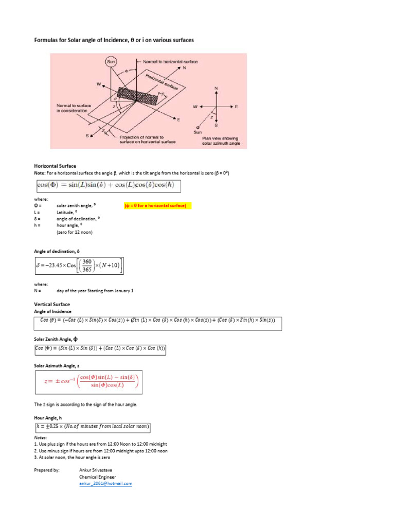 Solar Angle of Incidence Formulas | PDF