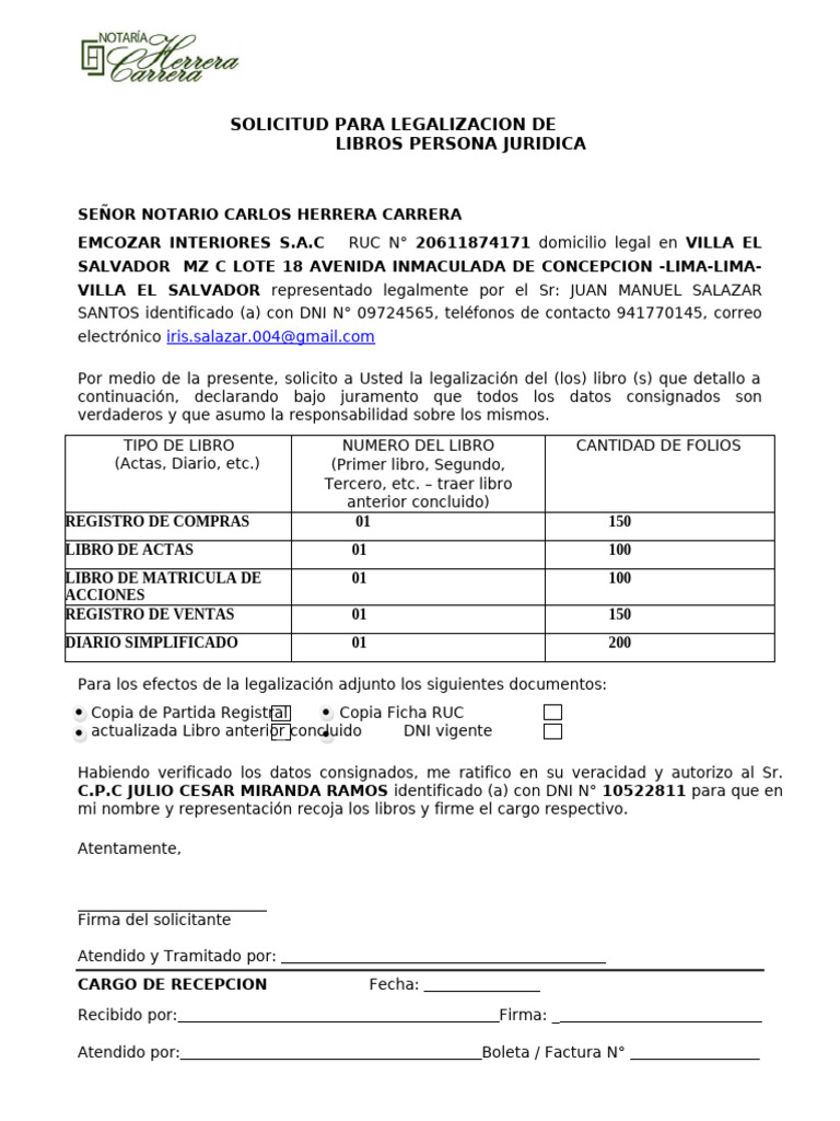 Solicitud para Legalizacion de Libros Persona Juridica Notaria Herrera Carrera | PDF