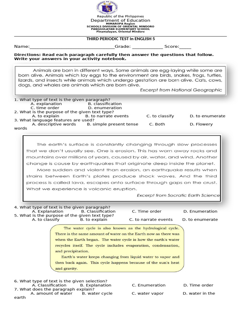 MOCK TEST - ENGLISH - q3 | PDF | Water Cycle | Earthquakes