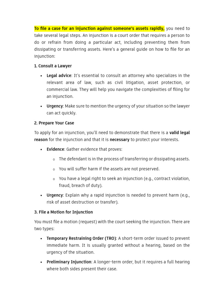 How to File an Asset Injunction Quickly | PDF | Injunction | Ex Parte