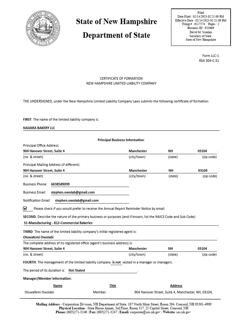 New Hampshire LLC Formation Certificate | PDF | Business | United ...