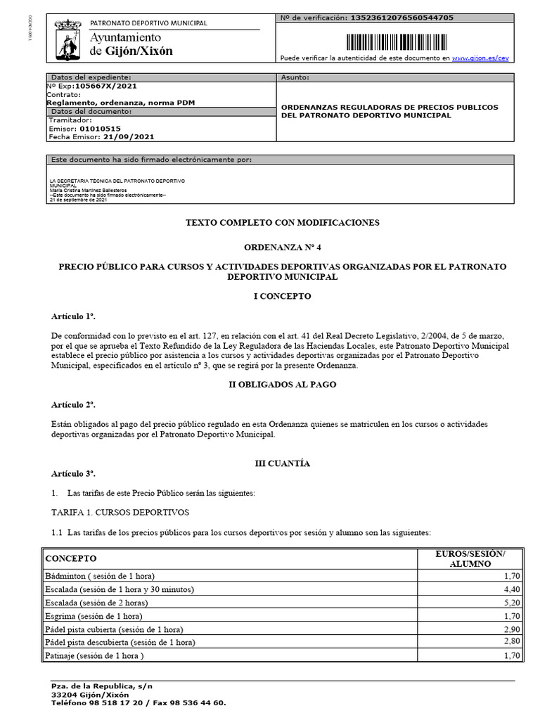 Ordenanza Precios Públicos PDM 2022 | PDF | Ejercicio físico | Aptitud física