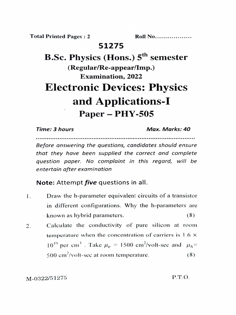 B.Sc. Physics 5th Sem Exam Paper PHY-505 | PDF | Field Effect Transistor | Transistor