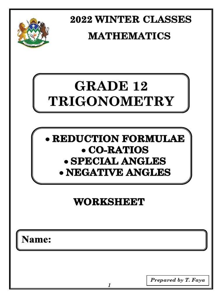 Reductions and Special Angles Worksheet 2 | PDF