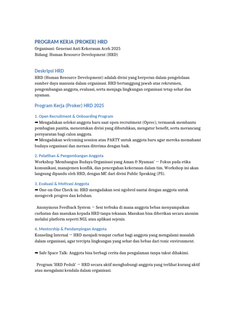 Program Kerja Divisi HRD Generasi Anti Kekerasan 2025 (Final) | PDF