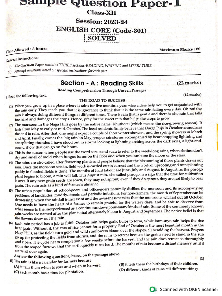 XII Oswaal ENGLISH SQP 2025 SQPs 12 | PDF