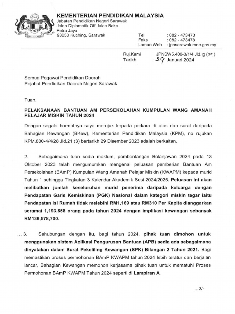 Surat Pelaksanaan Bantuan Am Persekolahan Kumpulan Wang Amanah Pelajar ...