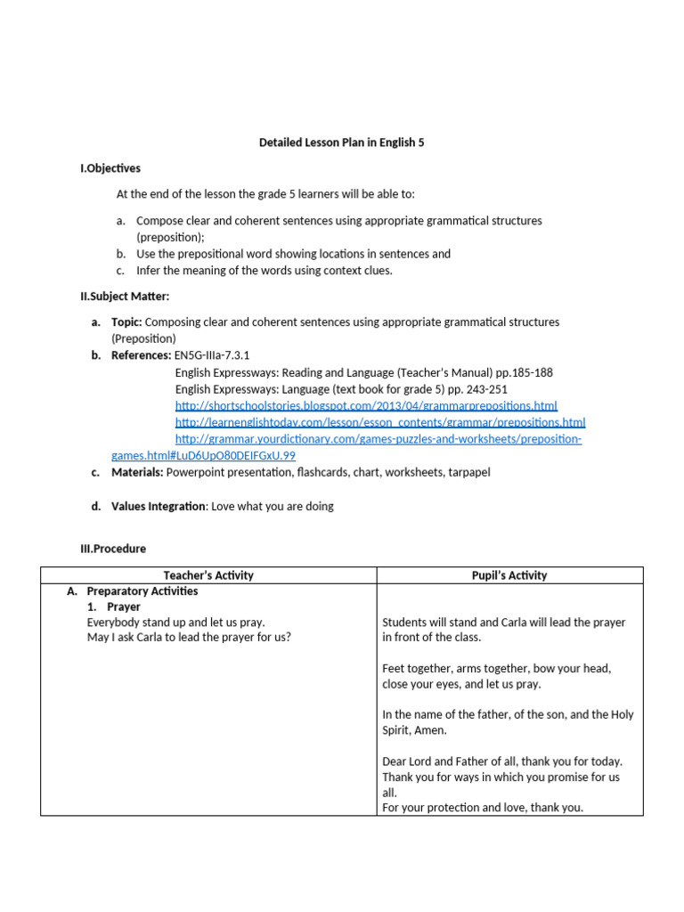 Grade 5 Lesson Plan: Prepositions | PDF | English Language | Lesson Plan
