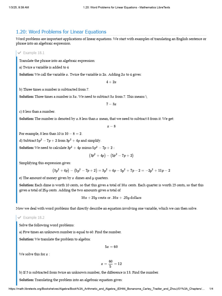 1.20 - Word Problems For Linear Equations - Mathematics LibreTexts | PDF | Area | Equations