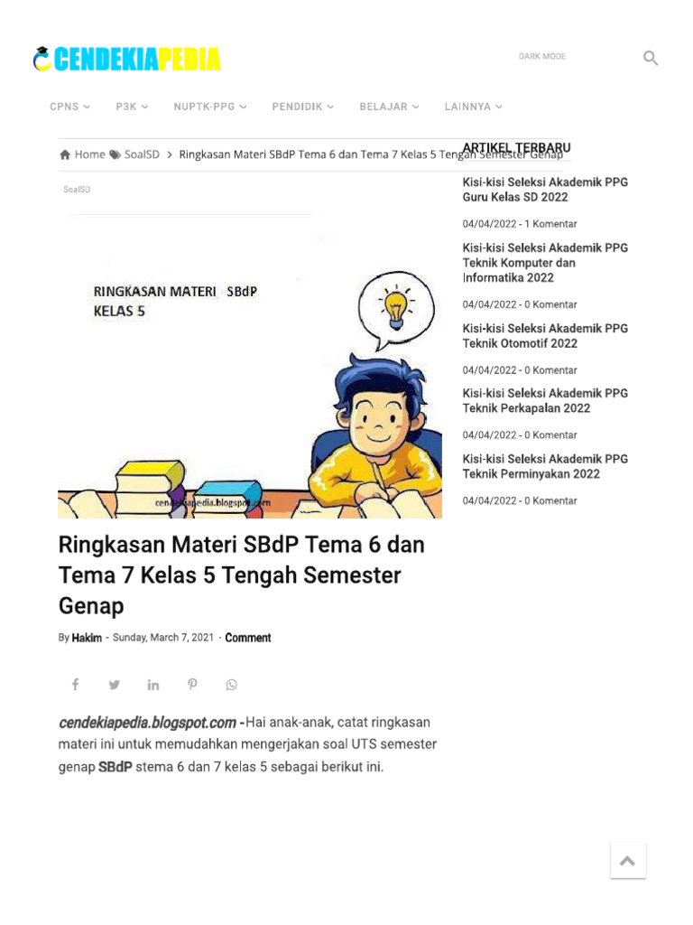 Ringkasan Materi SBDP Tema 6 Dan Tema 7... Tengah Semester Genap ...