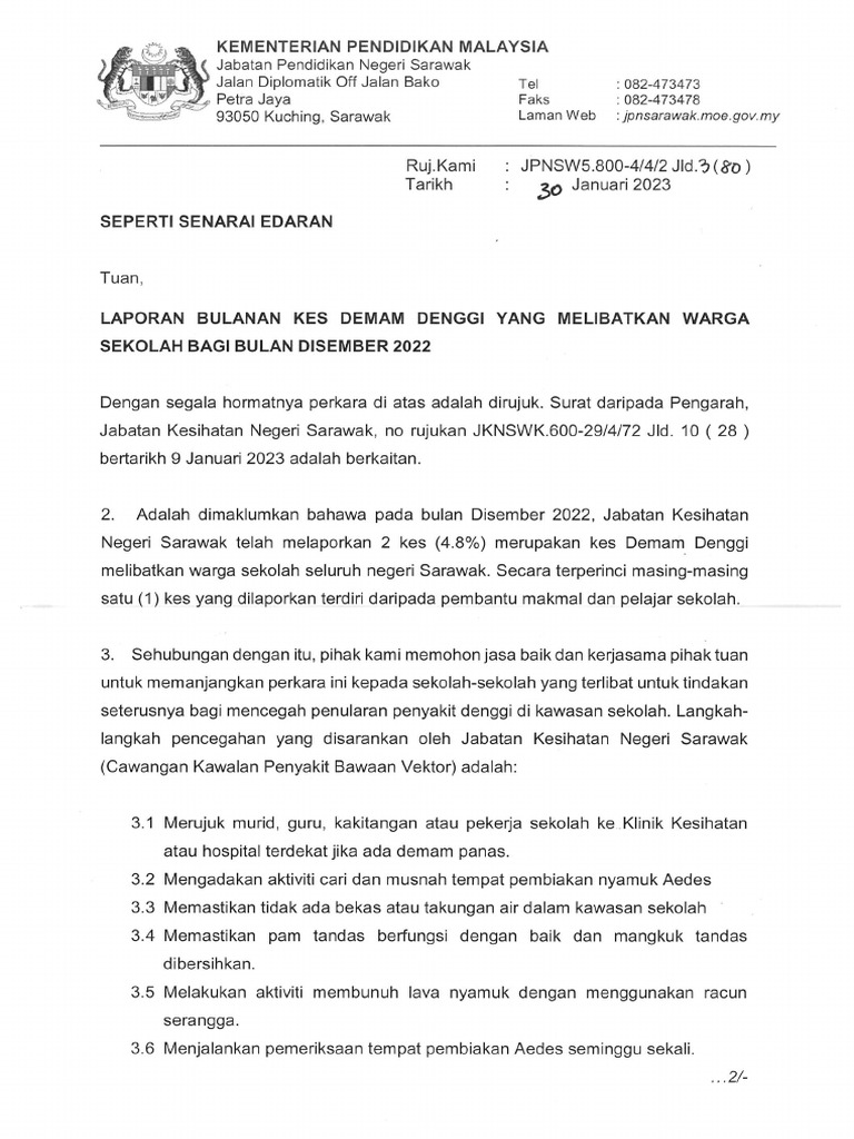 SURAT LAPORAN BULANAN KES DEMAM DENGGI YG MELIBATKAN WARGA SEKOLAH BAGI ...