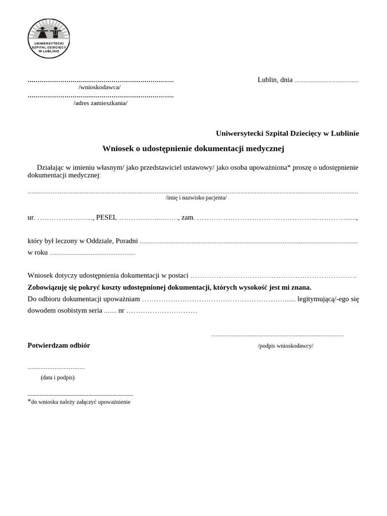 01 Wniosek Udostepnienie Dok Med 2017 | PDF