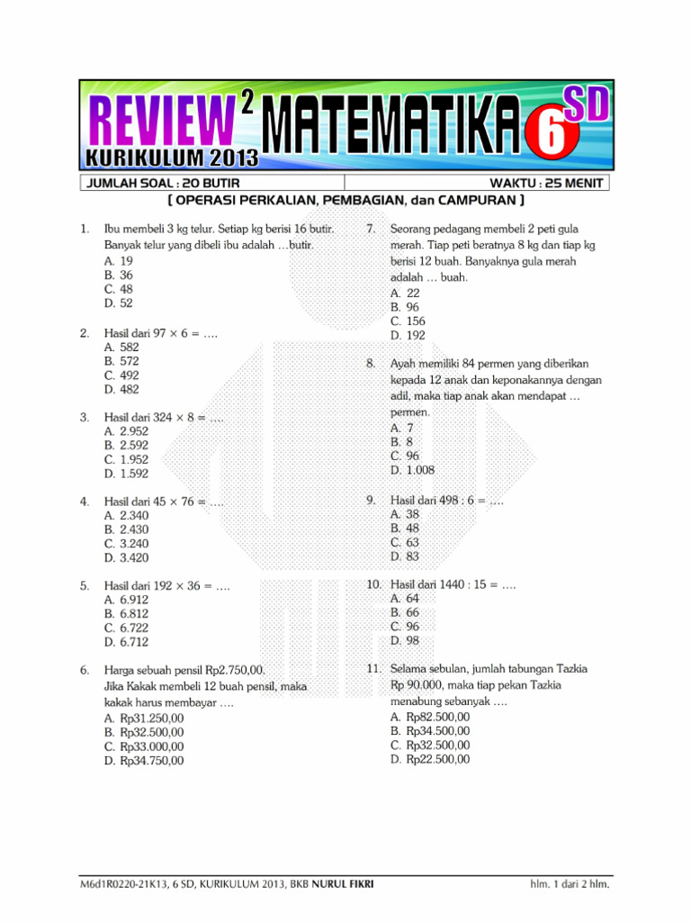 REVIEW2 - Matematika - 6SD - Smt1 - Perkalian, Pembagian Dan Campuran | PDF