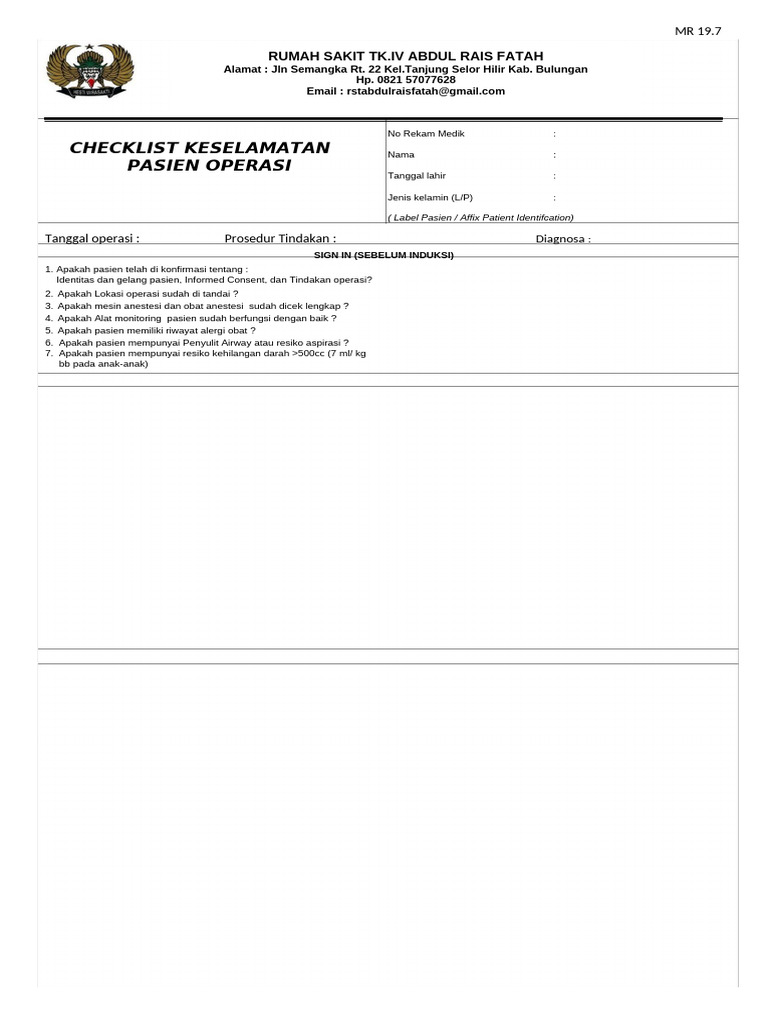 Checklis Keselamatan Pasien Operasi | PDF