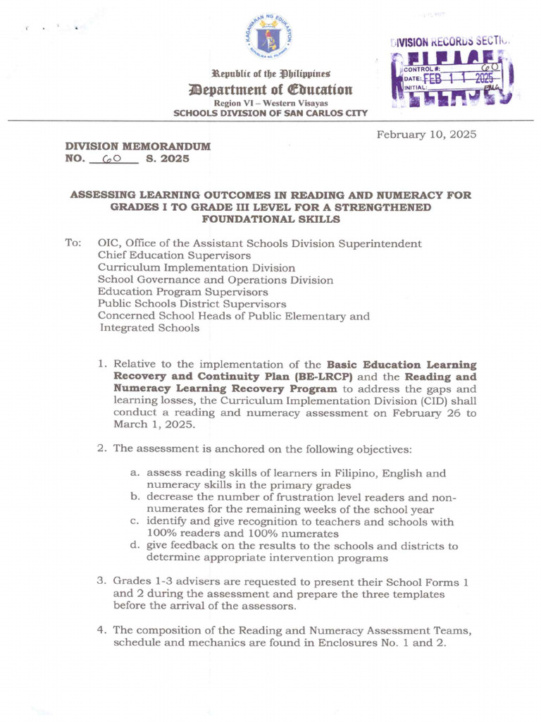 DIV. MEMO NO. 60 S 2025 ASSESSING LEARNING OUTCOMES IN READING AND ...