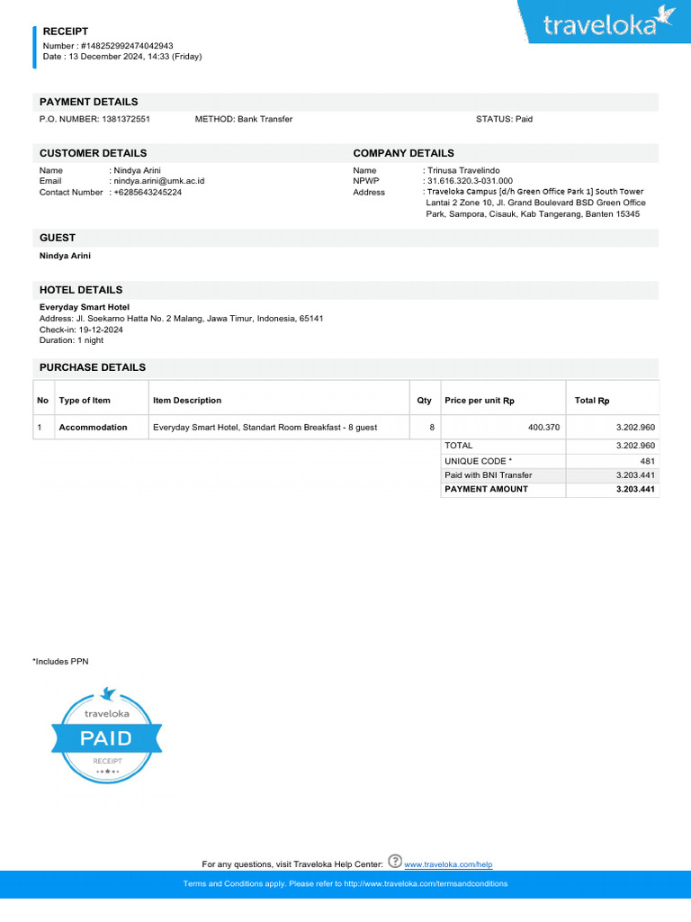 Hotel Booking Receipt for Nindya Arini | PDF | Payments