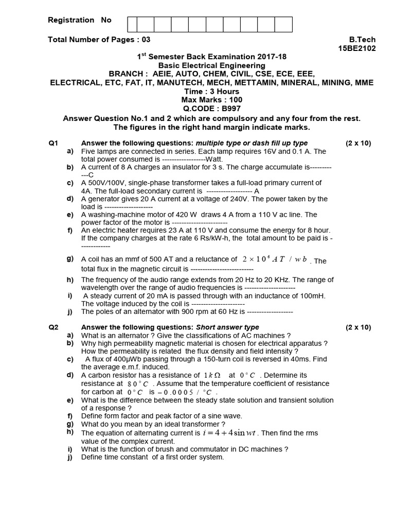 Btech 1 Sem Basic Electrical Engineering 15be2102 2018 | PDF | Inductance | Inductor