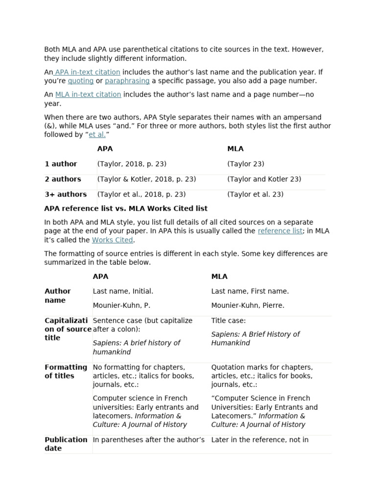 APA vs. MLA Citation Differences | PDF | Apa Style | Citation