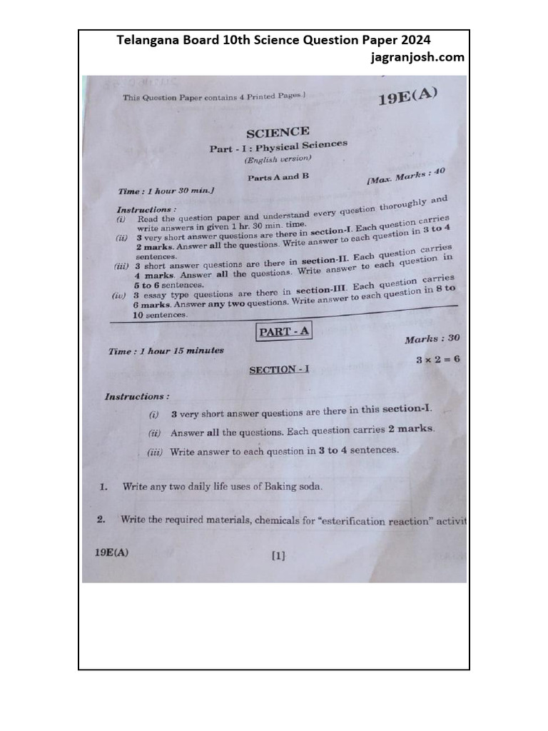 Telangana SSC Physical Science Question Paper 2024 | PDF