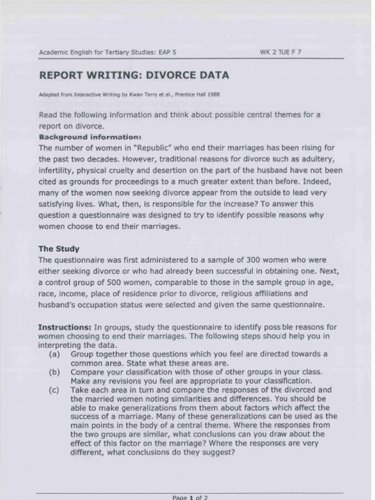 EAP5 Week 2 Tue F7 Report Writing Divorce - No Answers | PDF