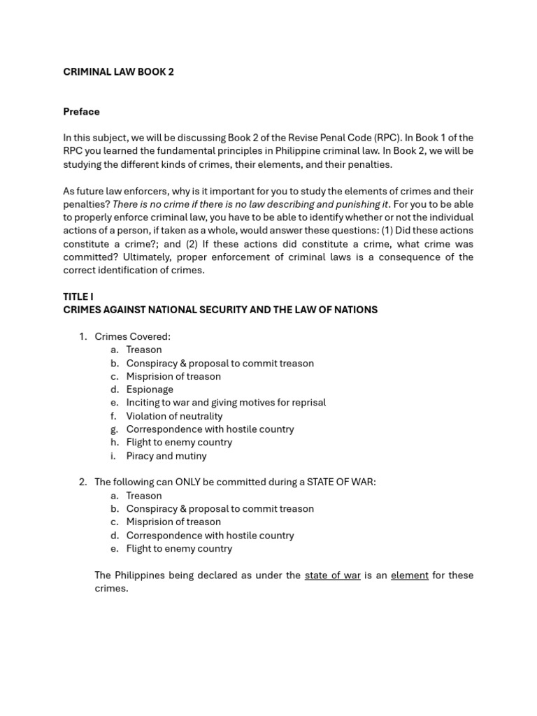 Criminal Law Book 2 Prelim Notes | PDF | Treason | Crimes