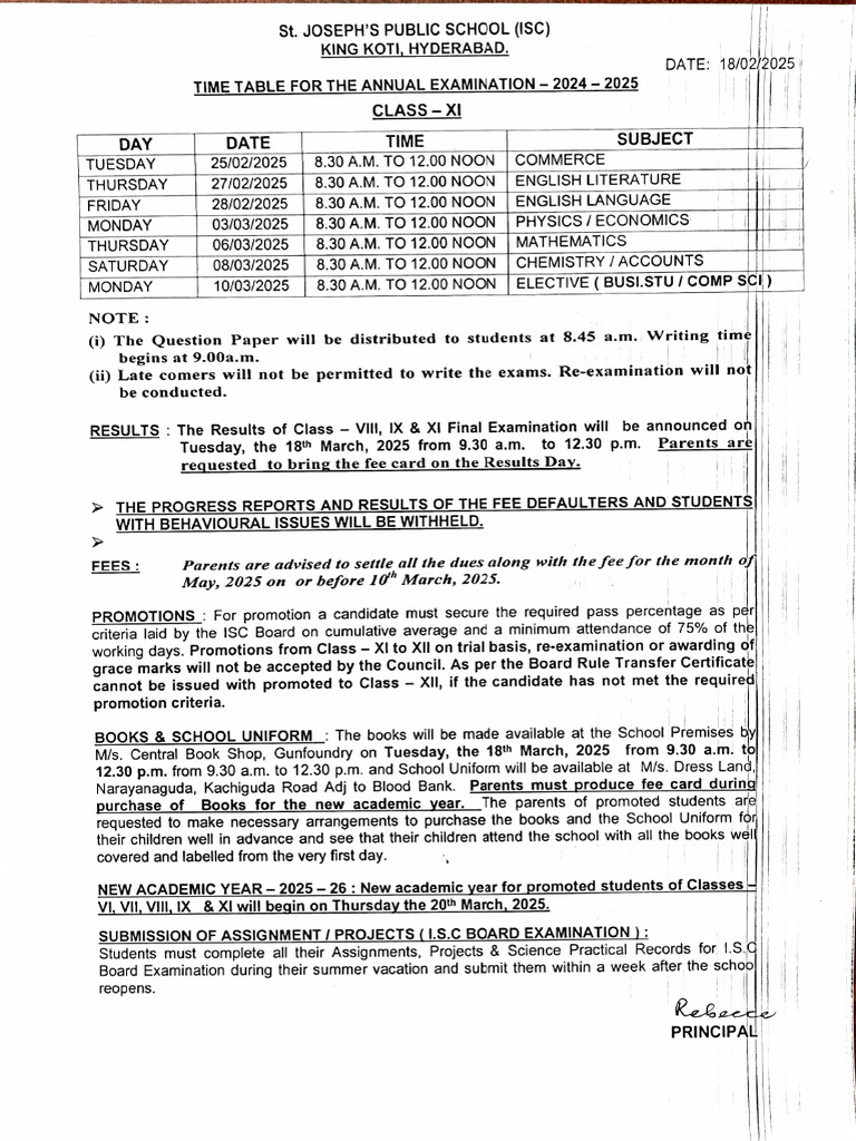 Class 11 Annual Exam Timetable | PDF | Schools | Educational Stages
