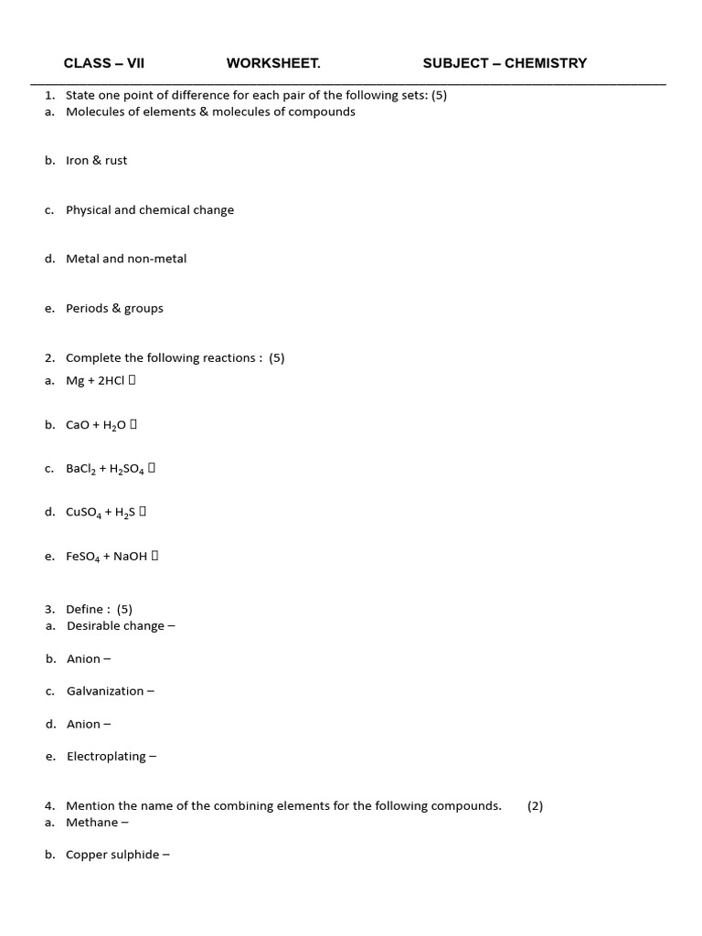 Class VII Chemistry Worksheet Guide | PDF