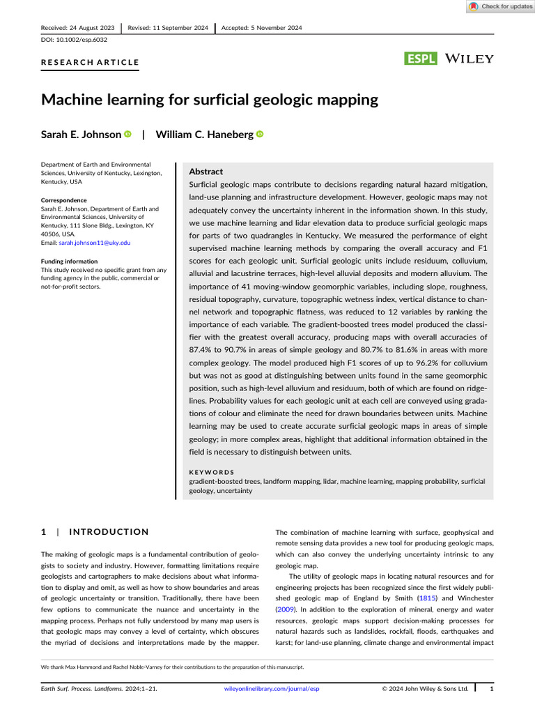 Earth Surf Processes Landf - 2024 - Johnson - Machine Learning For Surficial Geologic Mapping ...