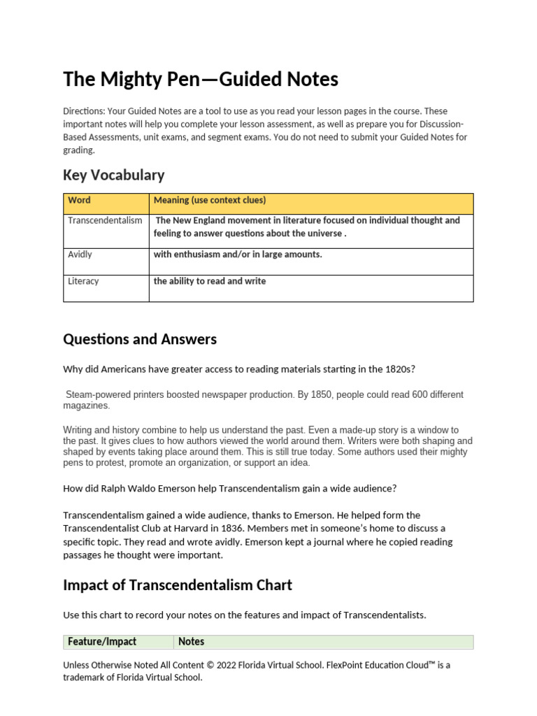 The Mighty Pen Guided Notes | PDF | Transcendentalism | Henry David Thoreau