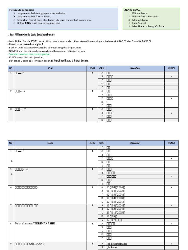 Soal Ats Bahasa Korea Kelas Xi Tkro-Tbsm | PDF