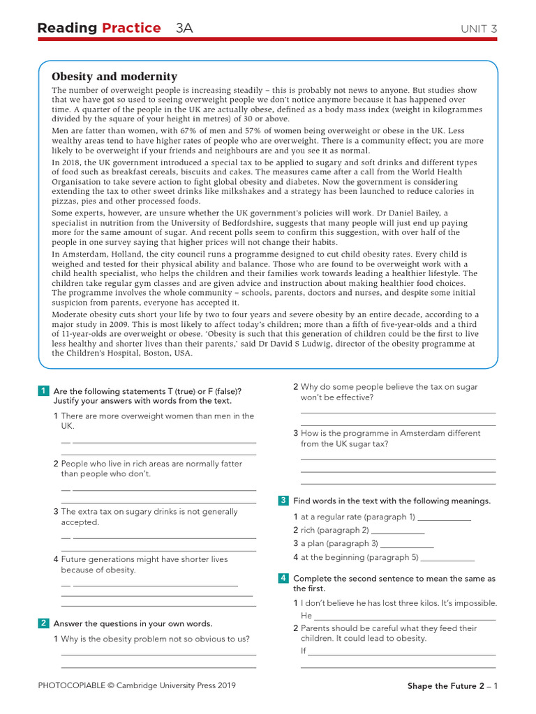 Shape The Future 2 - Reading Practice - Unit 3 - Without Answers | PDF ...