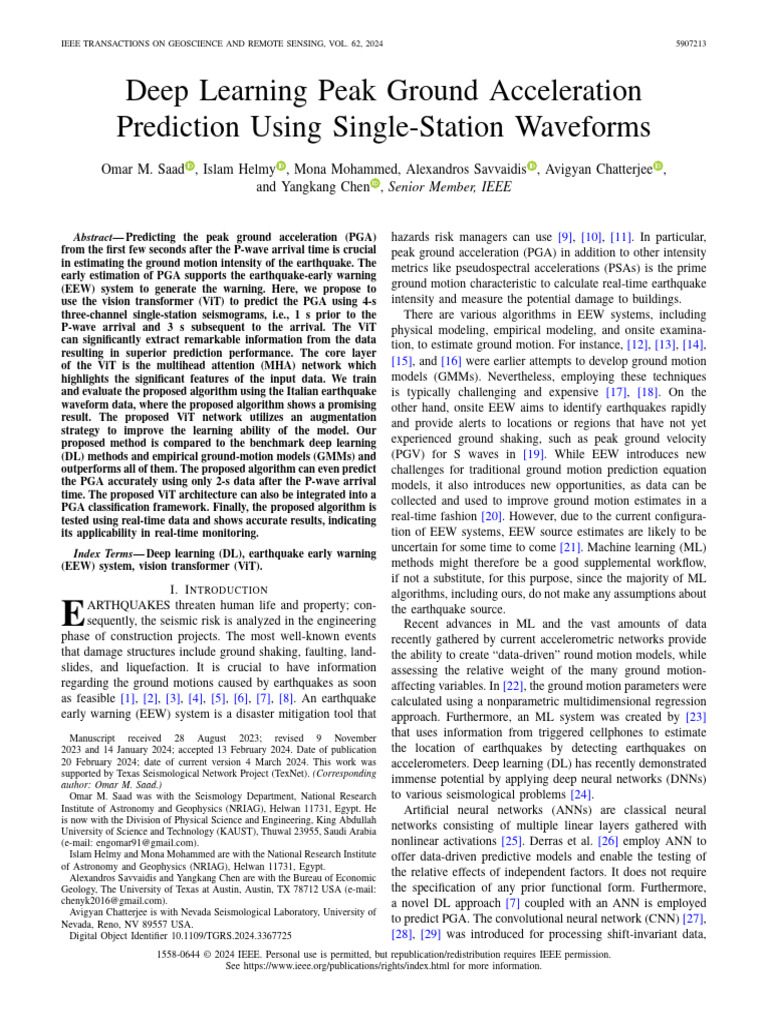 Deep Learning Peak Ground Acceleration Prediction Using Single-Station Waveforms | PDF ...