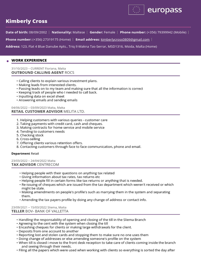 Kim Cross CV Updated 31_1_24 | PDF | Malta | Cheque