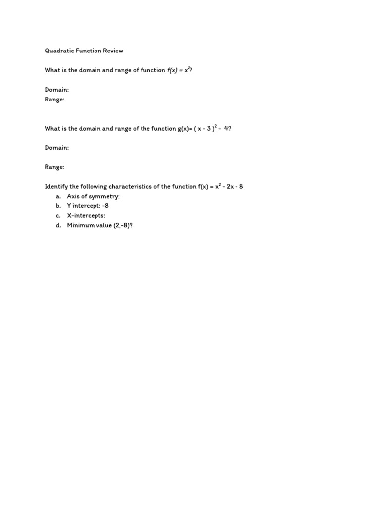 Quadratic Functions: Domain, Range, and Characteristics | PDF
