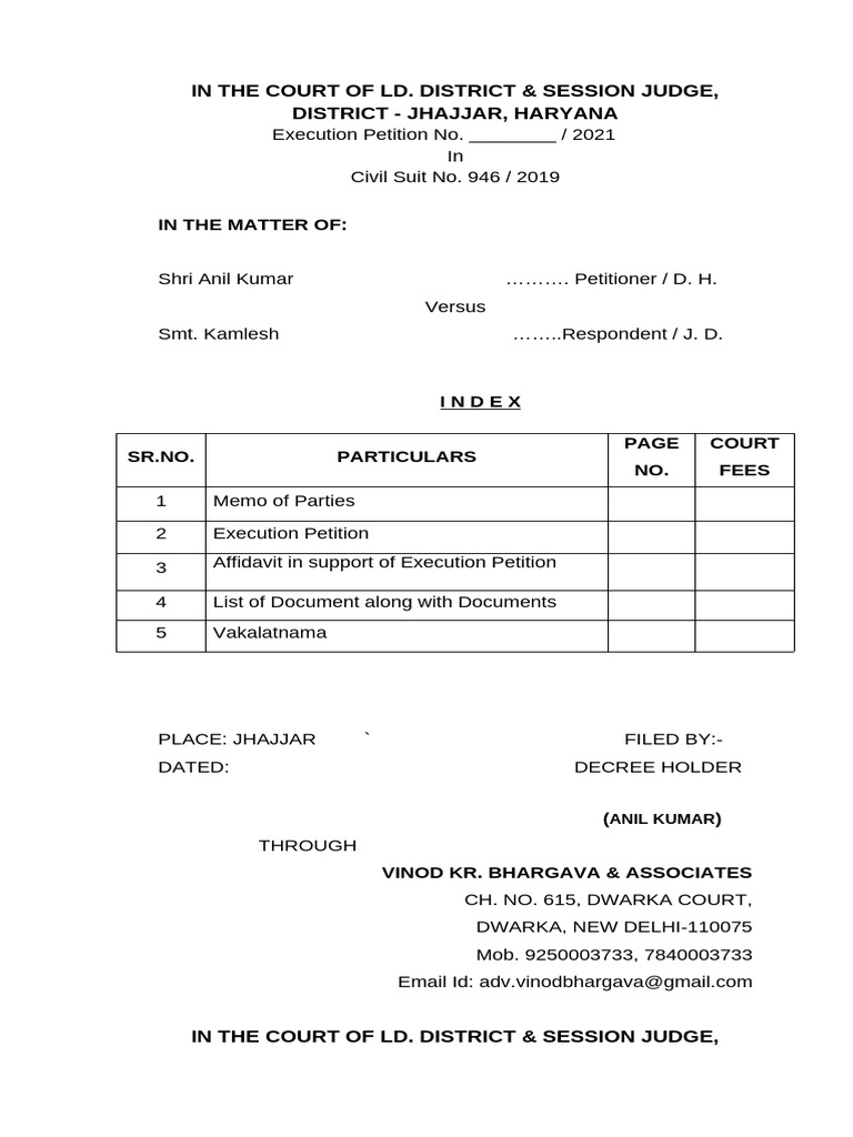 EXECUTION PETITION - Anil Kumar Verus Smt. Kamlesh (Jhajjar) | PDF ...