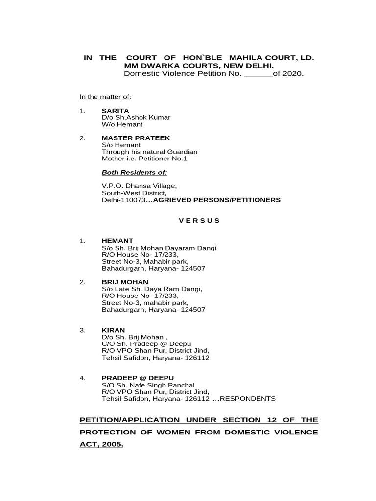 Petition D.v.act - Sarita VS Hemant 2020 | PDF | Affidavit