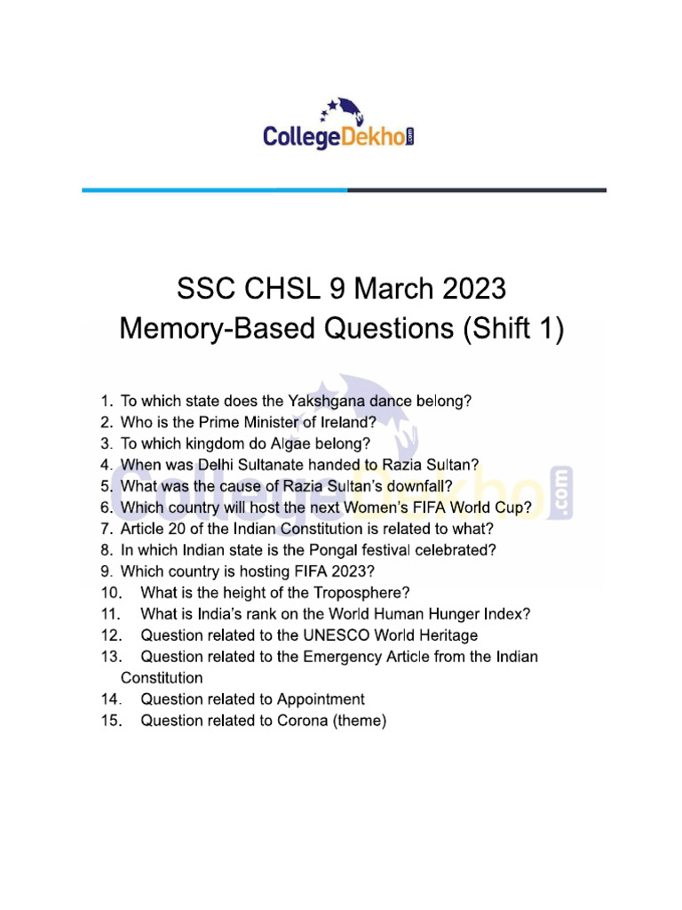 SSC CHSL 9 March 2023 Memory Based Questions Shift 1 | PDF
