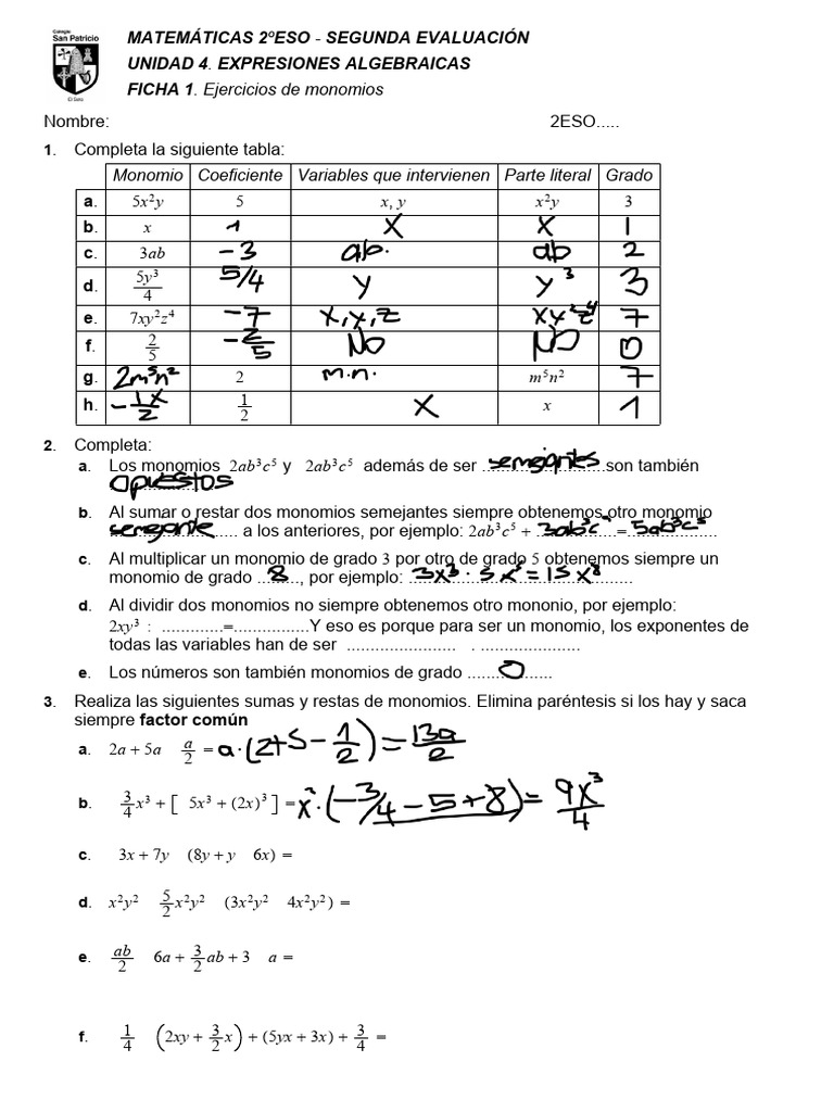 Unidad 4. Expresiones Algebraicas. Ficha1 | PDF | Análisis matemático | Algoritmos
