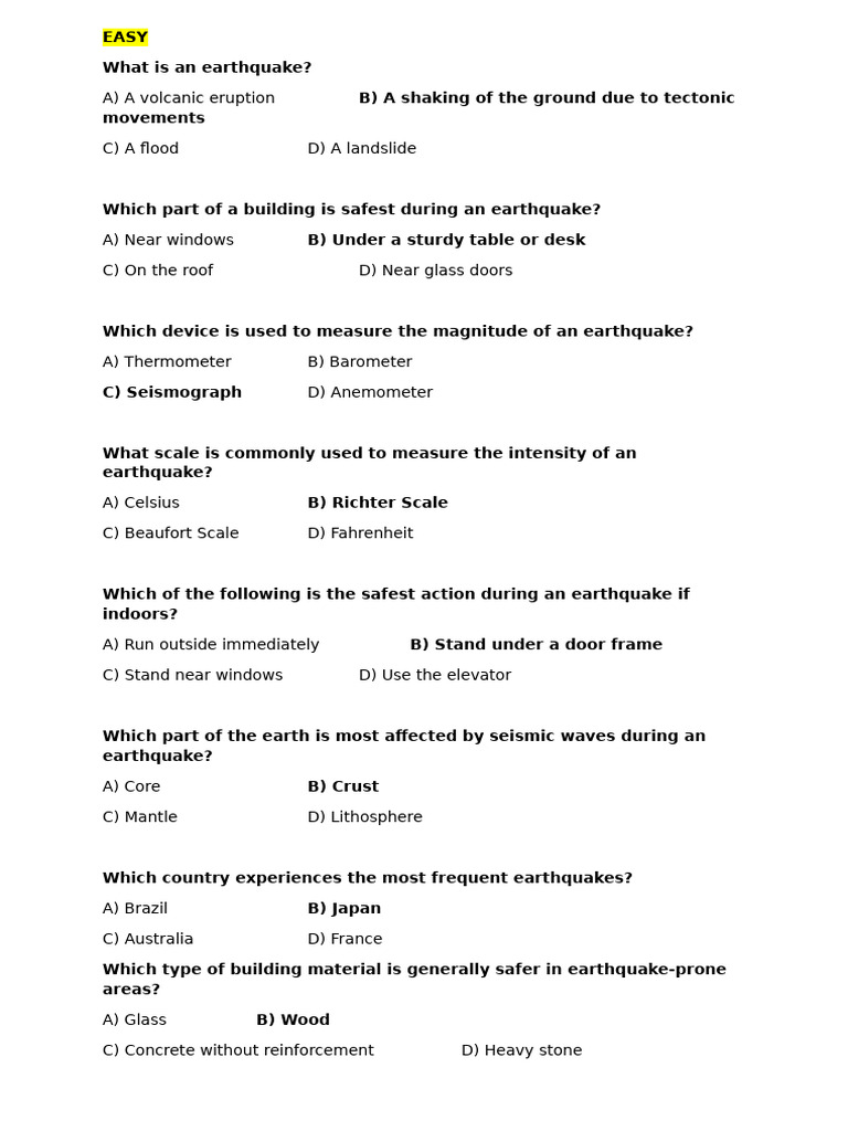 Earthquake Quiz: 30 Questions & Answers | PDF | Earthquakes | Seismology