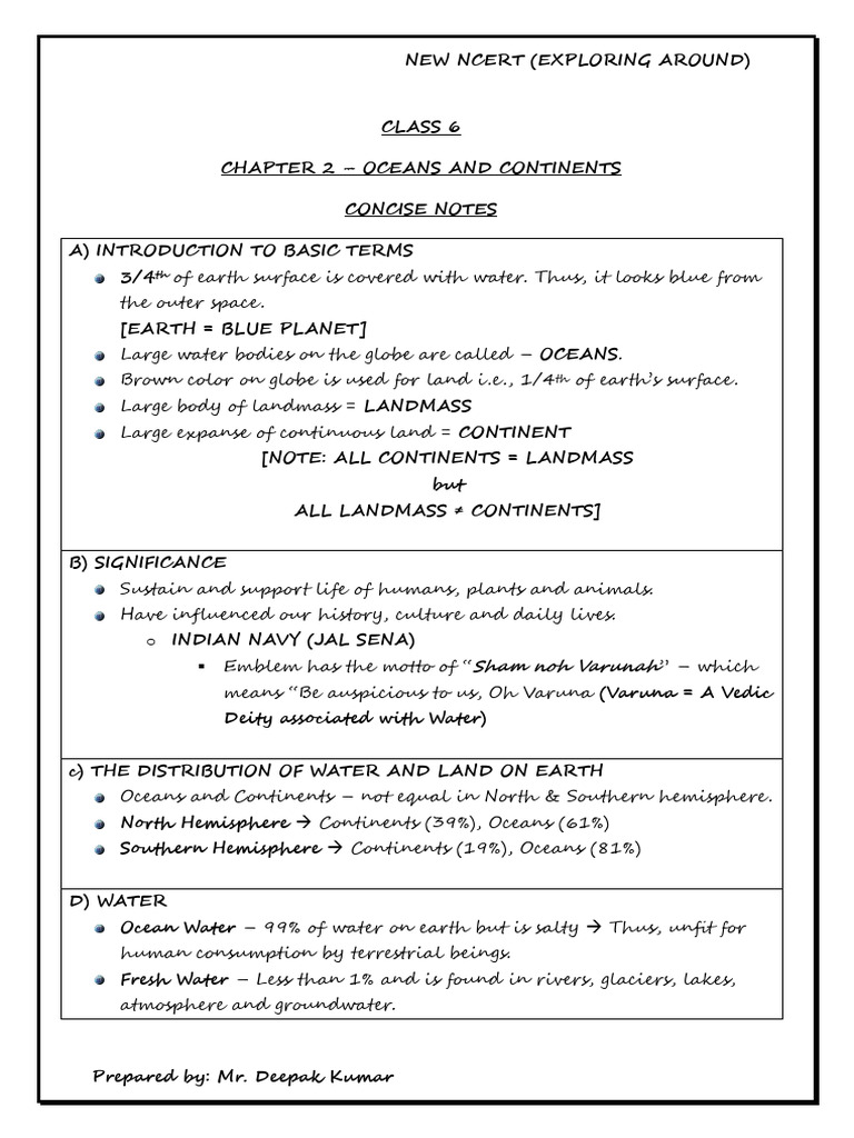 Class 6 Oceans and Continents Notes | PDF | Earth | Antarctica