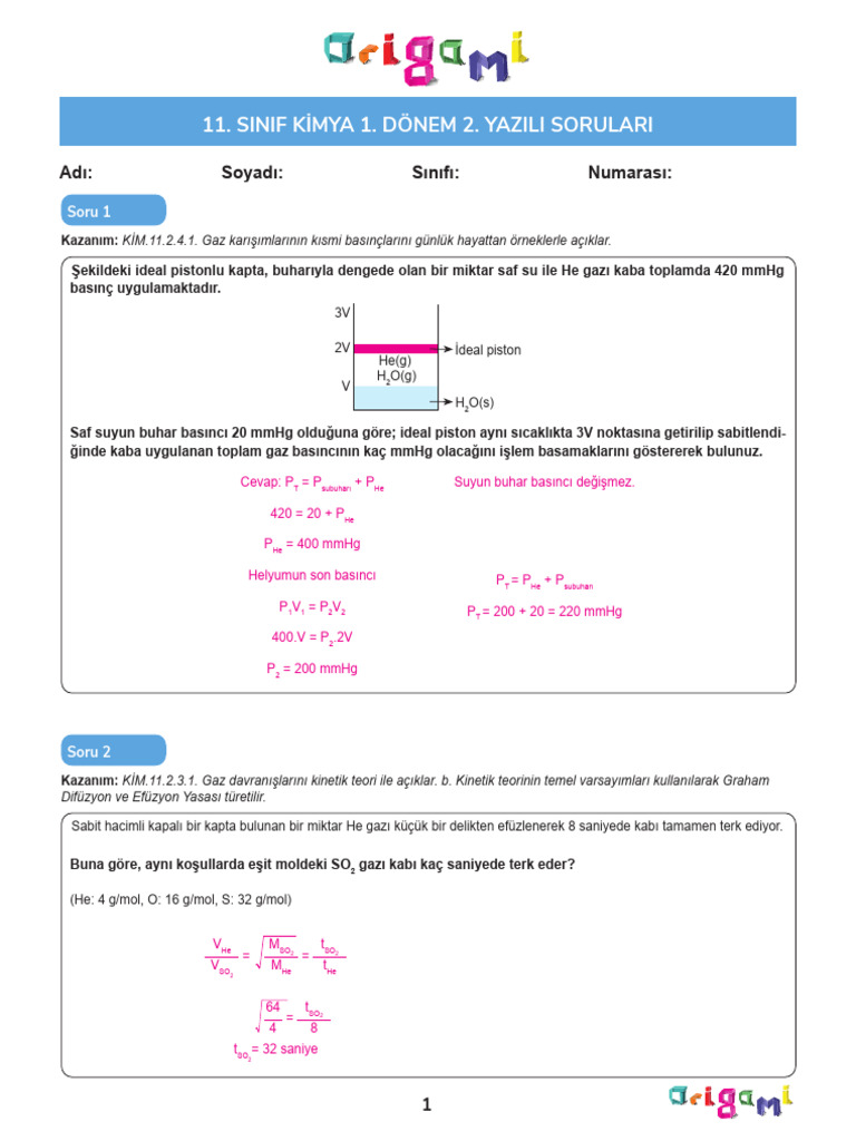 11 Sinif I Donem Ii Yazili Kimya Cevapli | PDF