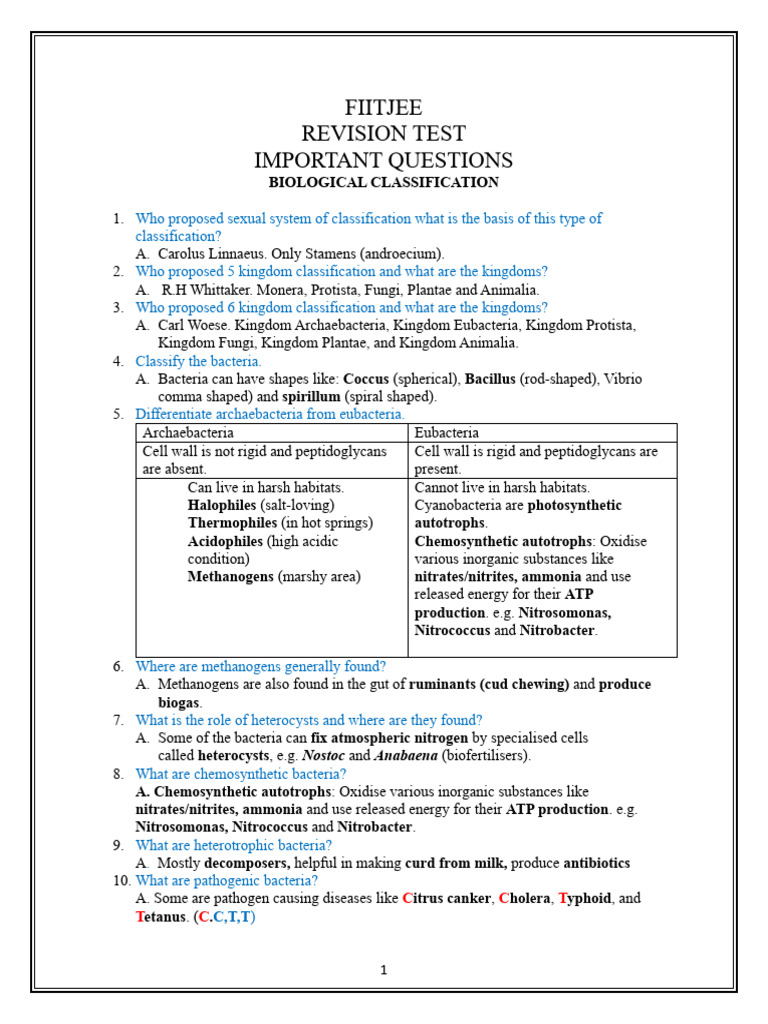 Important Questions of Biological Classification | PDF | Fungus | Protozoa