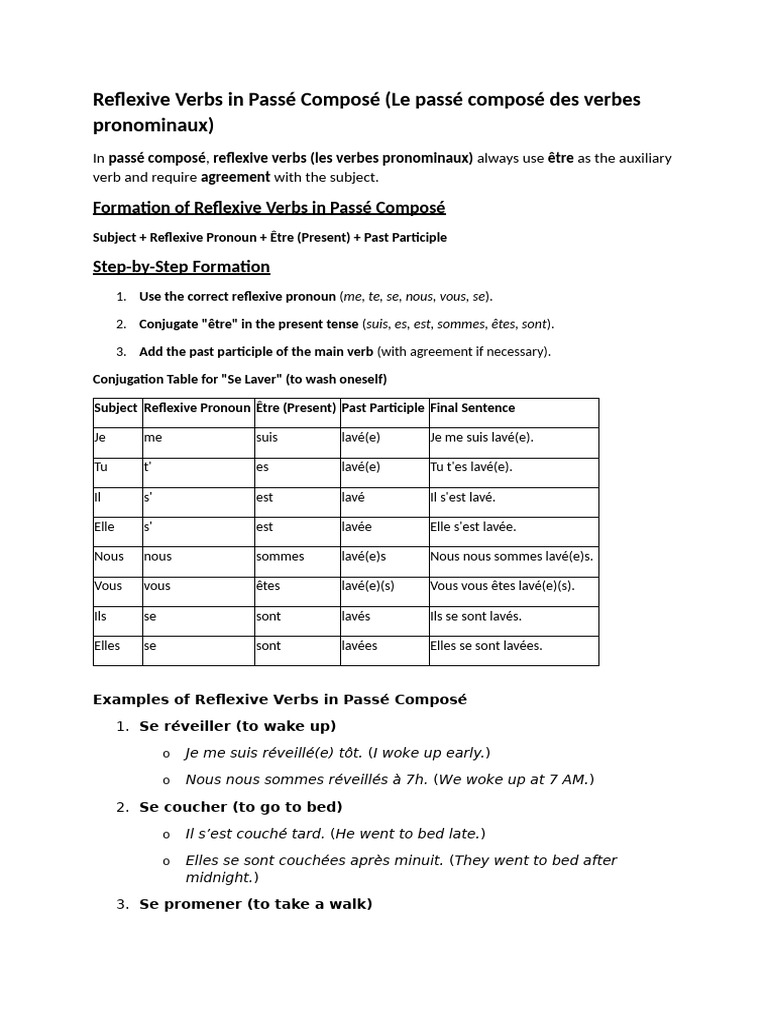 Reflexive Verbs With Passe Compose in French | PDF