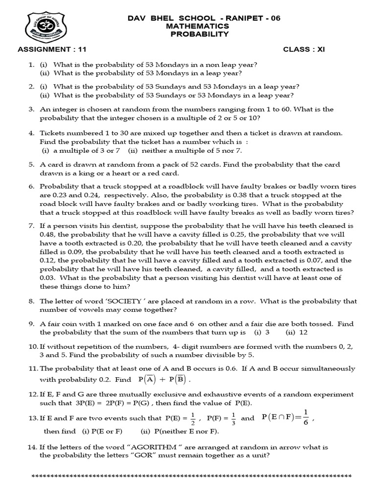 Probability Assignment for Class XI | PDF | Dentistry | Probability