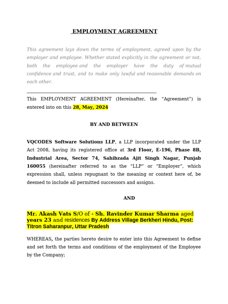 Employment Agreement VQcodes - Docs | PDF | Employment | Indemnity