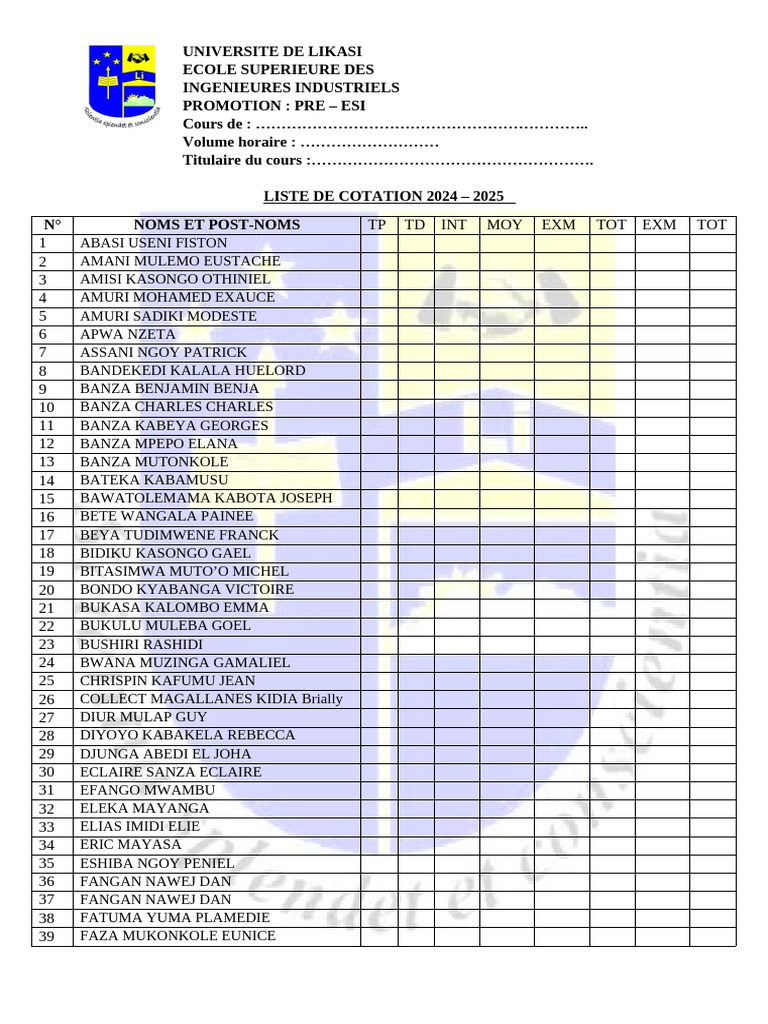 ESI Likasi Junior Tumaki List 2024-2025 | PDF
