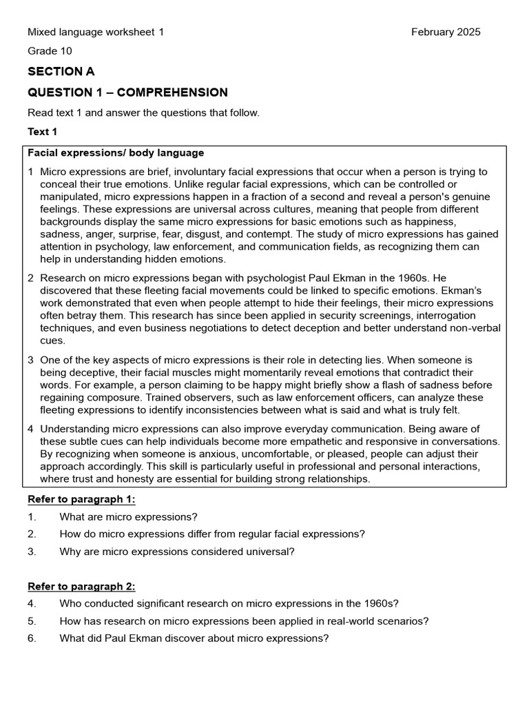 Mixed Language Worksheet 1 | PDF | Facial Expression | Behavioural Sciences