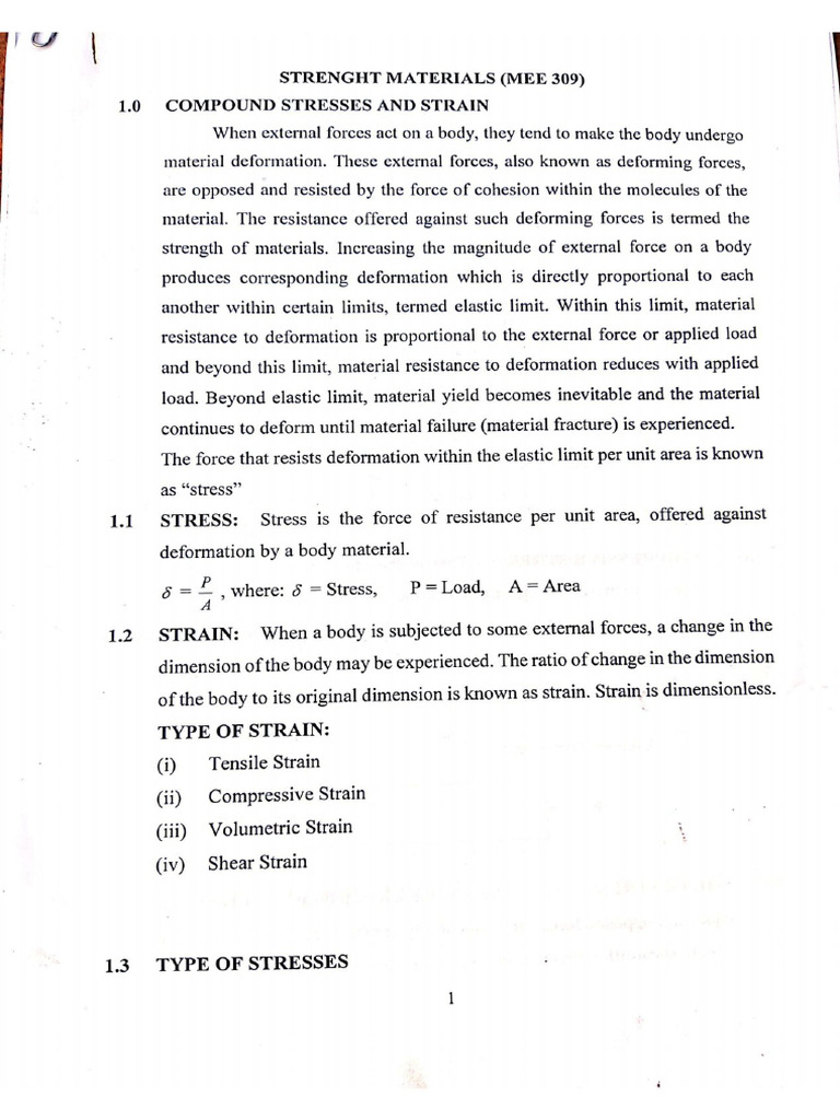 Strenth of Material Complete Note For 300 Level | PDF